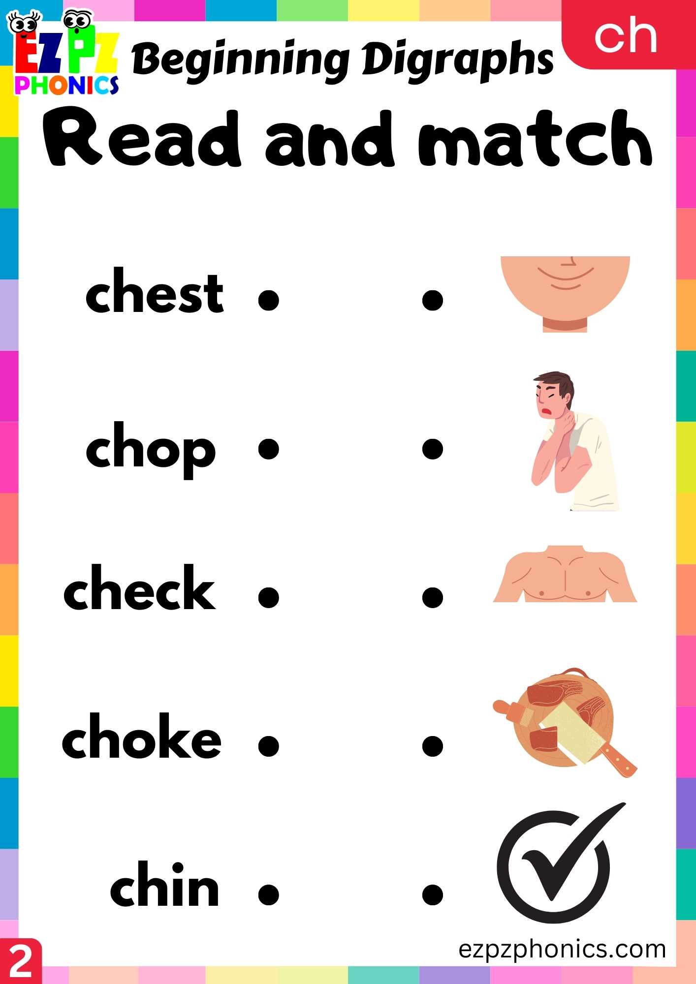 Group2 CH Words Read And Match Consonant Digraphs Phonics Beginning Worksheet - ezpzphonics.com